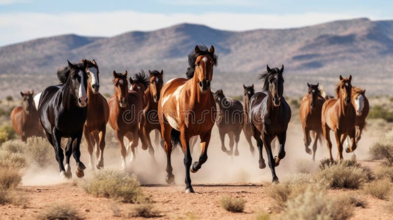 A Herd of Wild Mustangs Running Across a Desert Landscape Stock Image ...