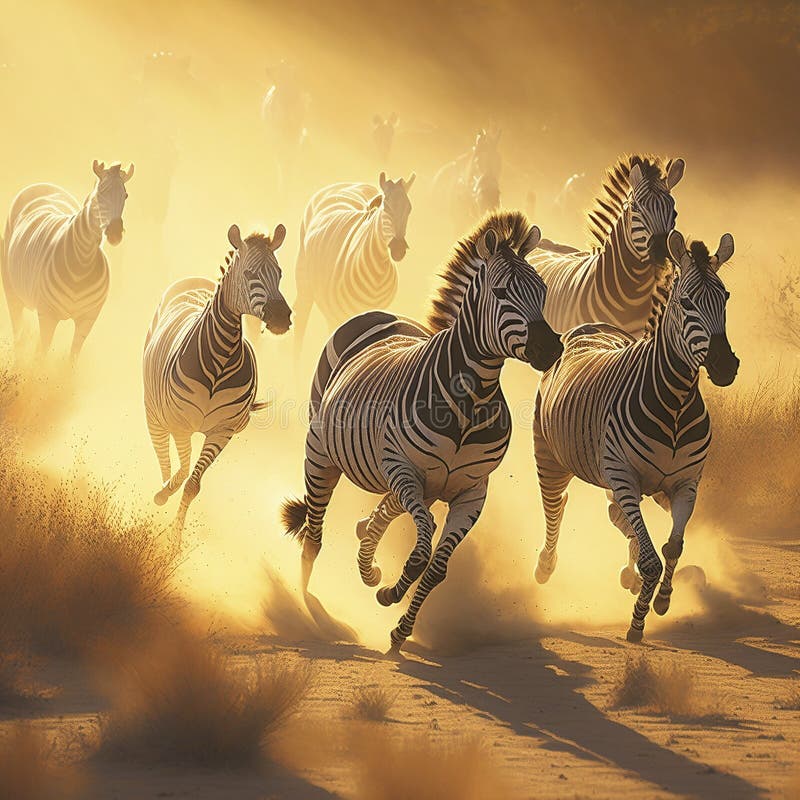 A Herd of Zebras Galloping Across a Sun-soaked Savannah Stock ...