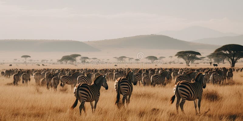 A Herd of Zebras Grazing on the Savanna, Concept of Animal Behavior ...