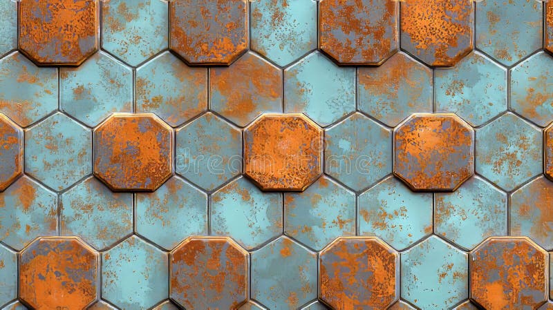 Here is a Close-up Shot of an Octagonal Tiled Wall Made of Rusty Metal ...