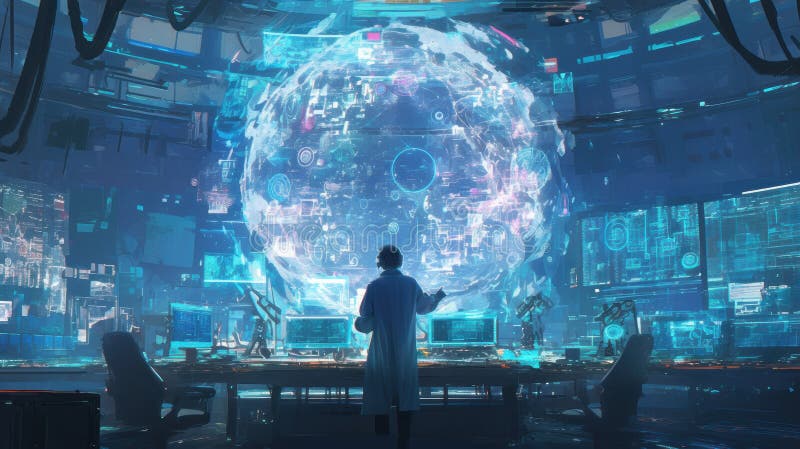 Futuristic Scientist Analyzes Global Data on Holographic Sphere in High-tech Control Room Stock ...