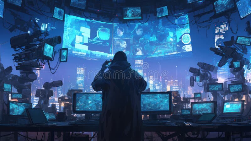 Cyberpunk Operator Monitors City from Control Room Stock Illustration ...