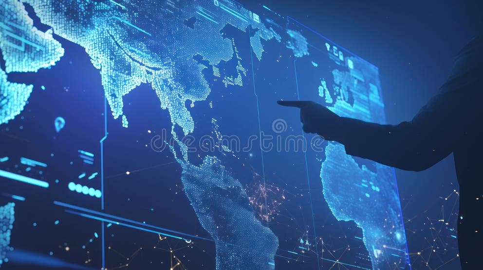 Global Network Data Analysis, Person Pointing at Interactive World Map ...