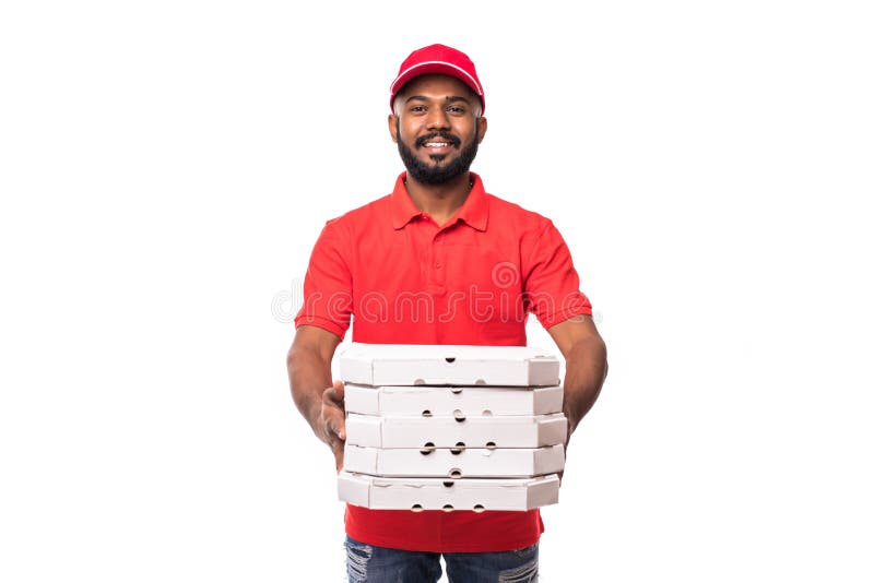 Pizza Man. Cheerful Young Deliveryman Holding a Pizza Box while Stock ...