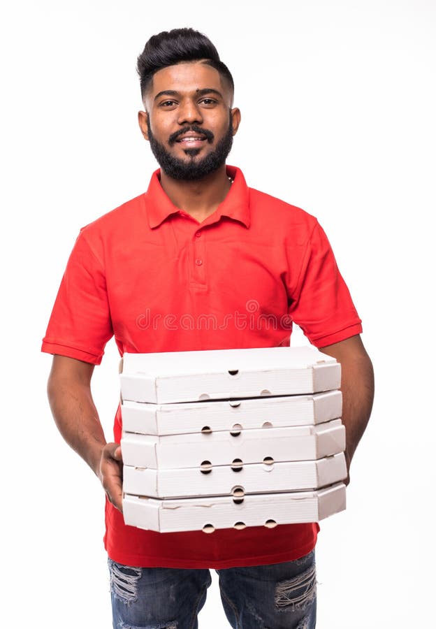 Pizza Man. Cheerful Young Deliveryman Holding a Pizza Box while Stock ...