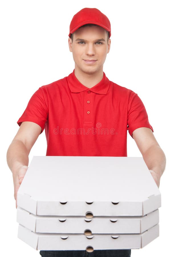 Pizza Man. Cheerful Young Deliveryman Holding a Pizza Box while Stock ...