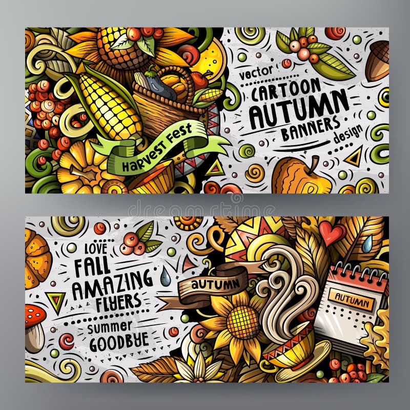 Herfst 2 Van Beeldverhaal De Leuke Vectorkrabbels Horizontale Banners ...