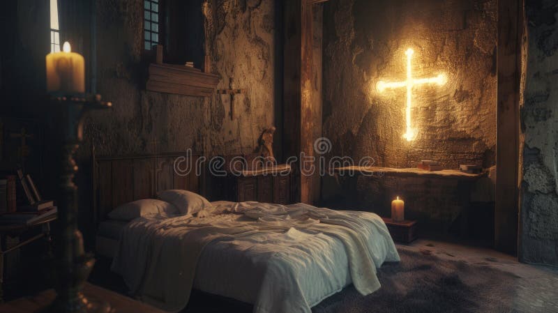 Hermit Cell in Monastery with Cross on Wall. Stock Image - Image of ...