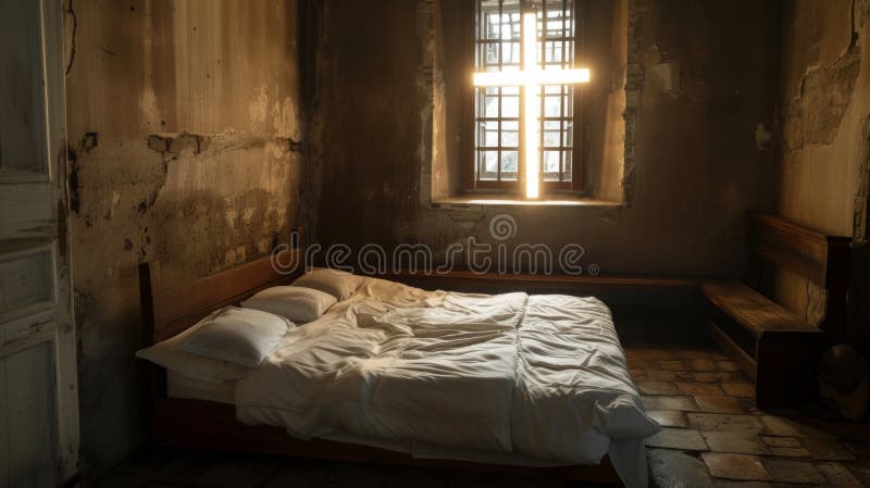 Hermit Cell in Monastery with Cross on Wall. Stock Photo - Image of ...