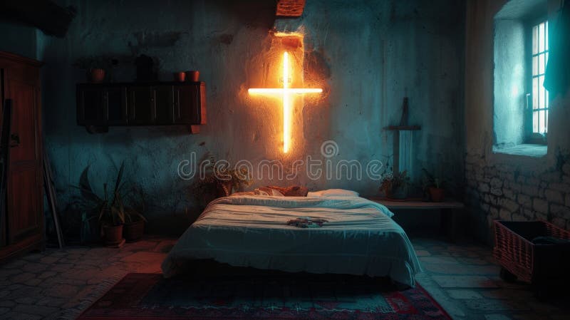 Hermit Cell in Monastery with Cross on Wall. Stock Photo - Image of ...