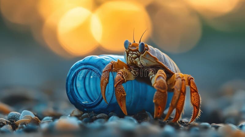 Hermit Crab on Blue Plastic Bottle at Sunset Highlights Marine ...