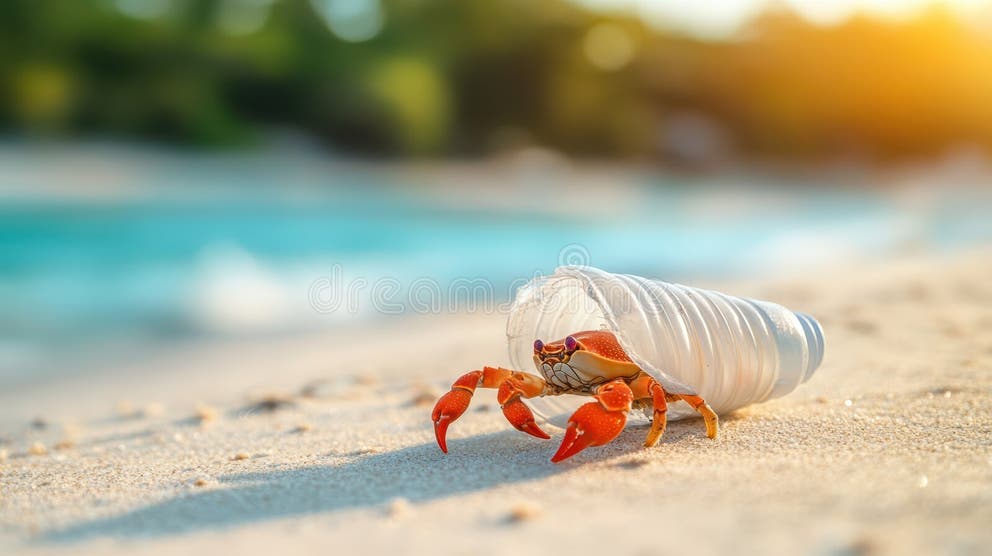 Hermit Crab Carrying Plastic Cap on Deserted Beach. Environmental ...