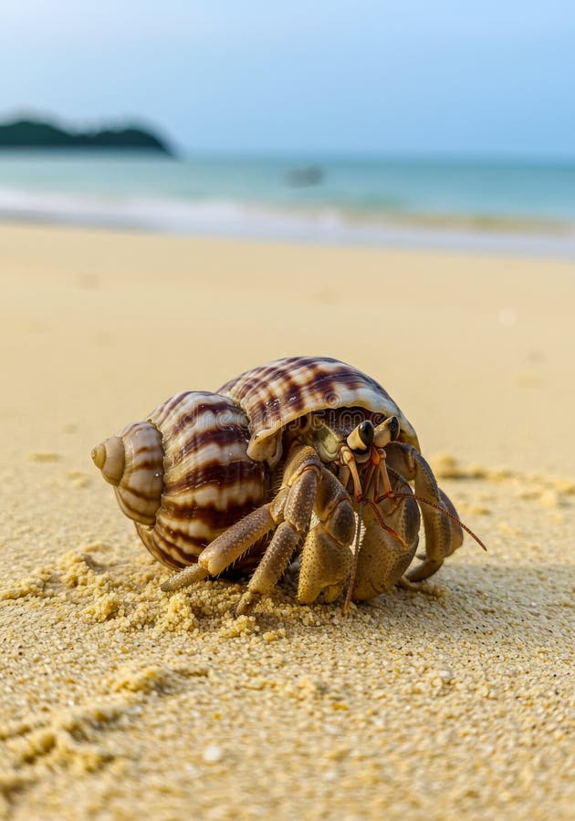 Hermit Crab in Striped Shell on Sandy Beach Stock Photo - Image of ...
