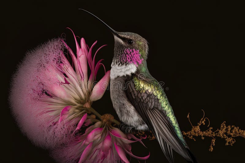 Hermit Hummingbird with Pink Flower Stock Illustration - Illustration ...