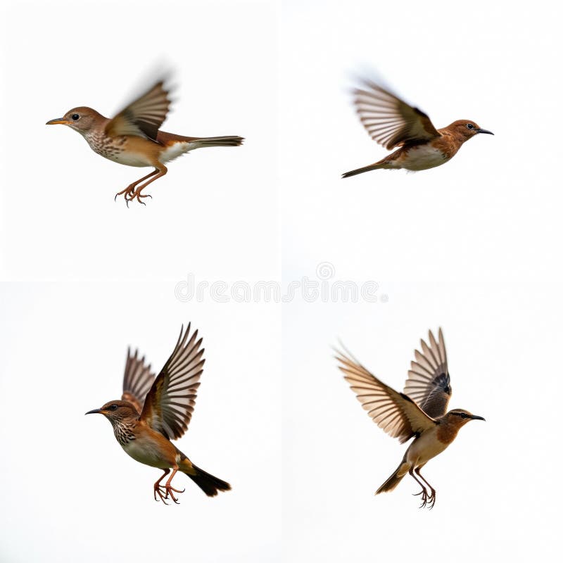 Hermit Thrushes Mid-flight on Isolated Transparent Background. Four ...