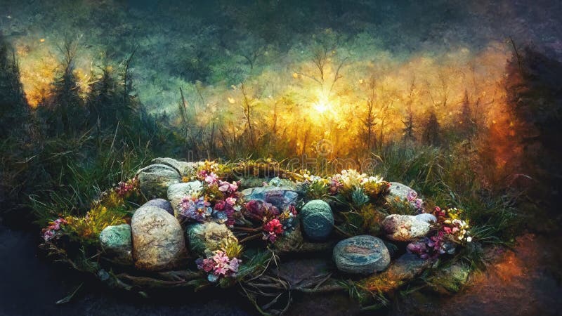 Hermosas Rocas En El Bosque. Arte Digital. Stock de ilustración ...