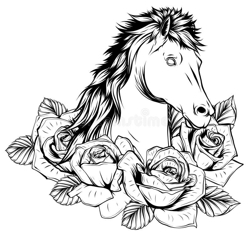 Hermoso Caballo Con Rosas. Ilustración De Vector Ilustración del Vector ...