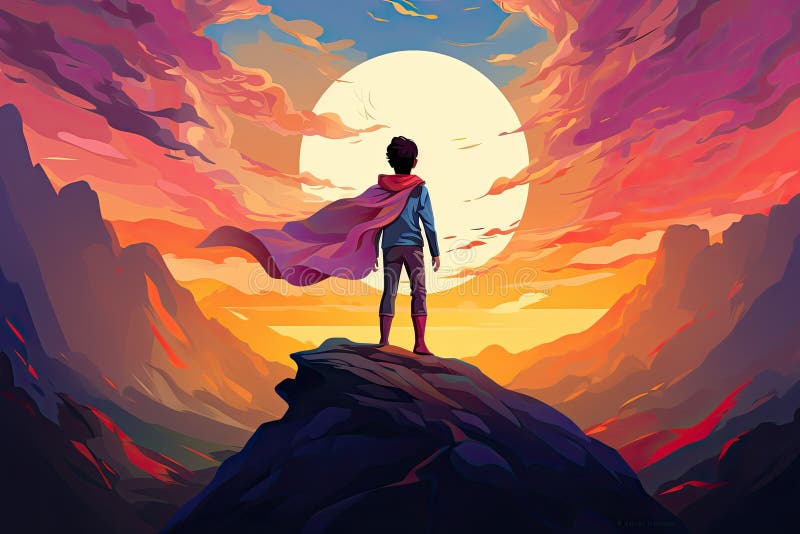 Hero Boy with Cape Stand on a Cliff AI Generated Stock Illustration ...