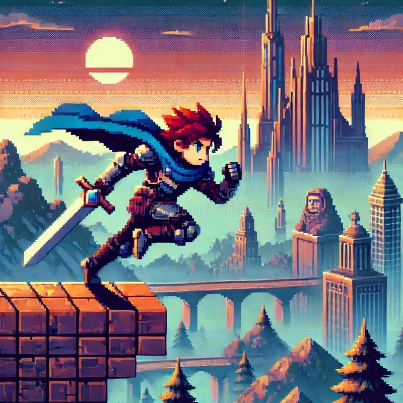 Hero Design with a Robe and a Sword Running, Pixel Art Stock ...