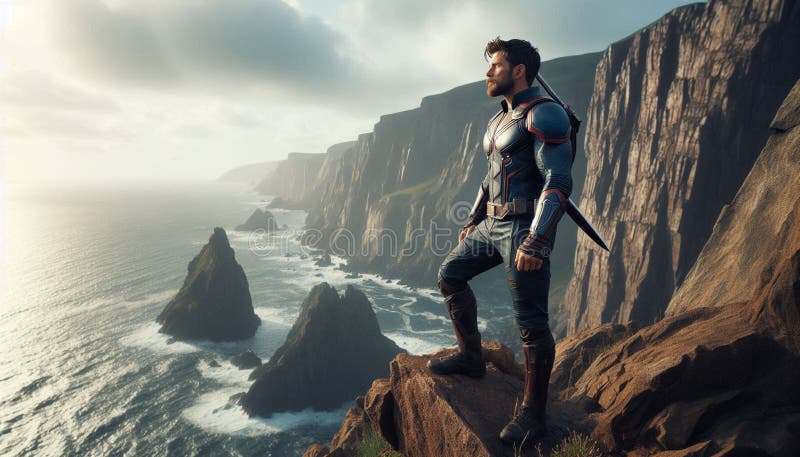 Hero Standing Tall on a Cliff Edge Stock Illustration - Illustration of ...