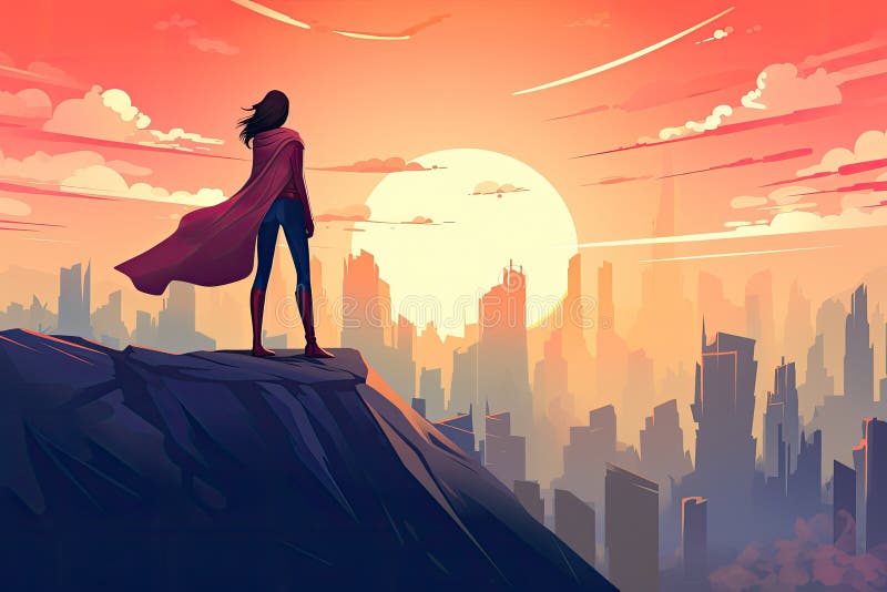 Hero Woman with Cape Stand on a Cliff AI Generated Stock Illustration ...