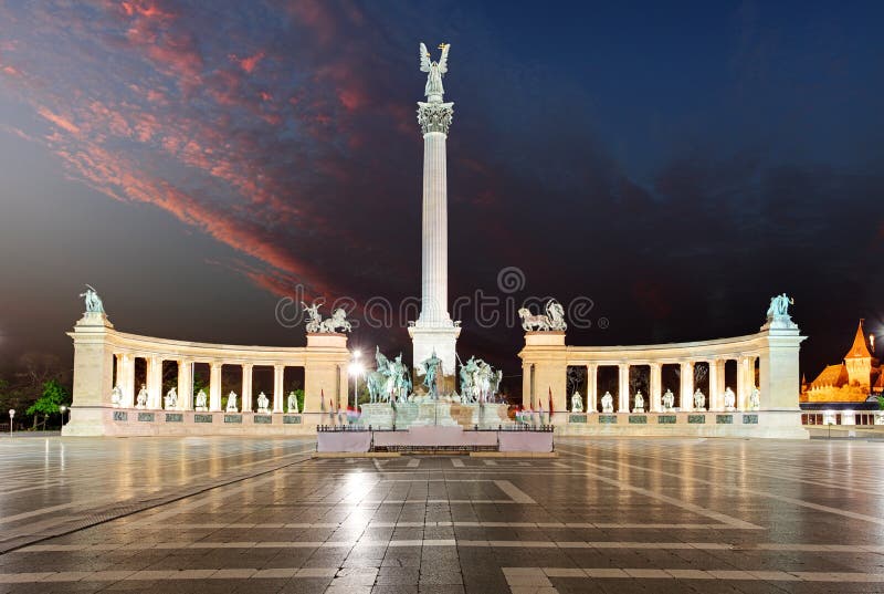 Heroes Square - Budapest at Night Stock Photo - Image of city, people ...