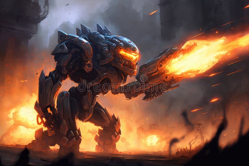 Heroic Alien Blaster, with the City in Flames, Fighting Off Invading ...