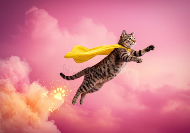 Heroic Cat Flying in Pink Cloudy Sky with Bright Yellow Cape Stock ...