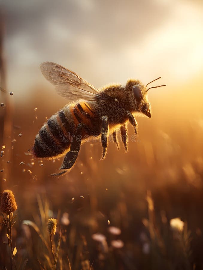 Heroic 3D Bee in Mid-Flight Over Sunset Field Stock Illustration ...