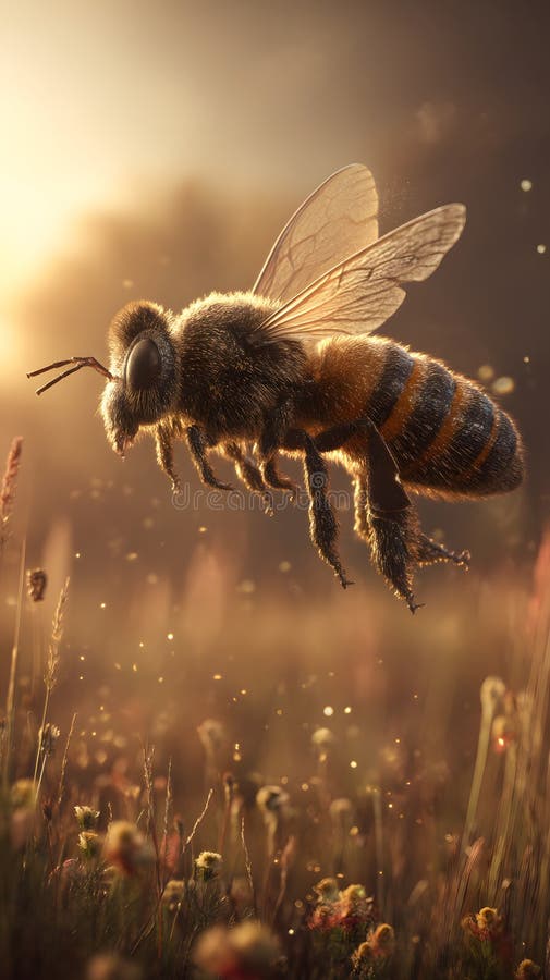 Heroic 3D Bee in Mid-Flight Over Sunset Field Stock Illustration ...