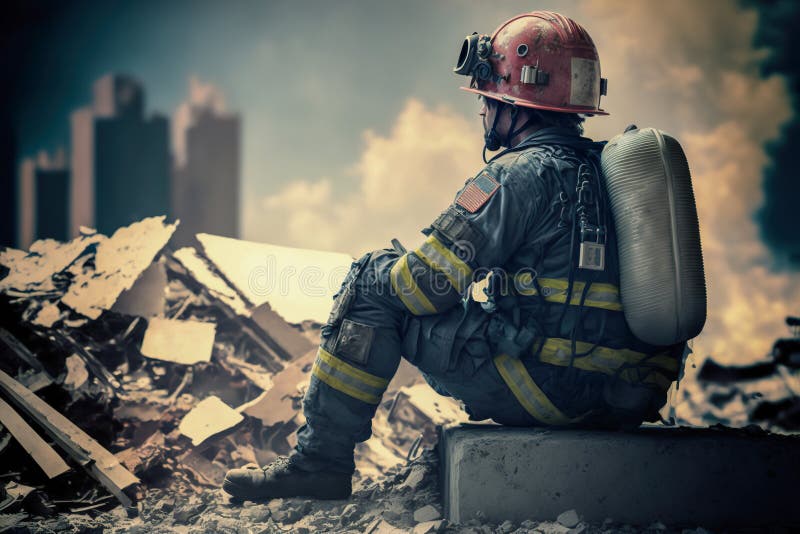 Heroic Effort: a Fireman Exhausted and Sad Sitting on Collapsed ...