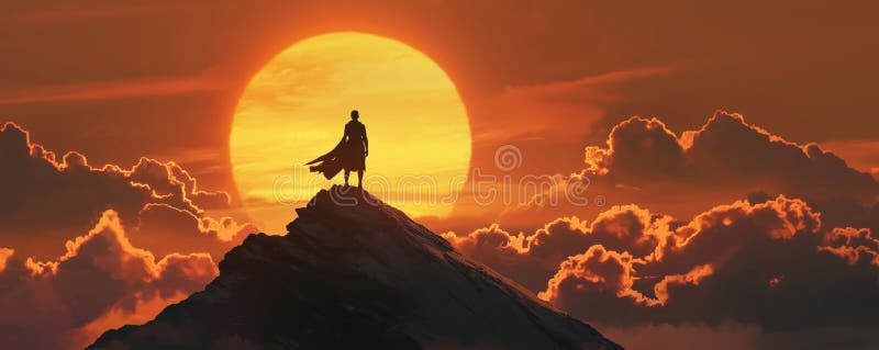 Heroic Figure Standing on Mountain Peak Against Dramatic Sunset Sky ...