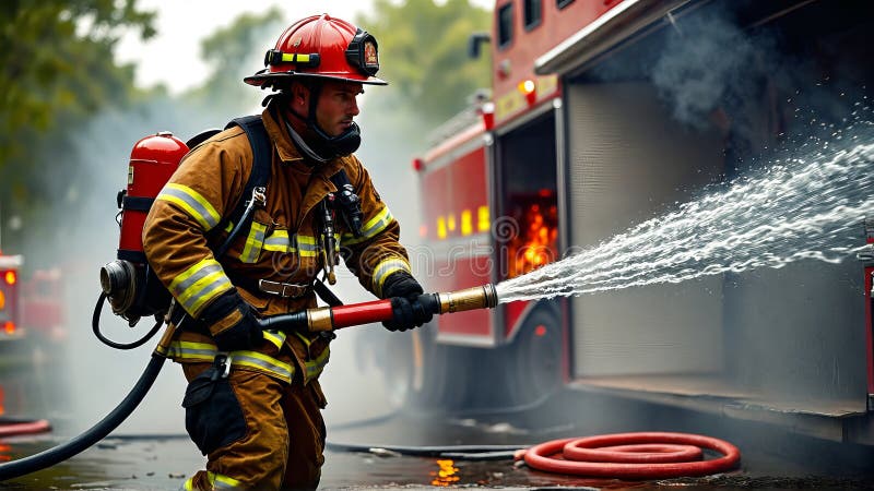 Heroic Firefighter in Action Battling Blaze with Water Hose and ...