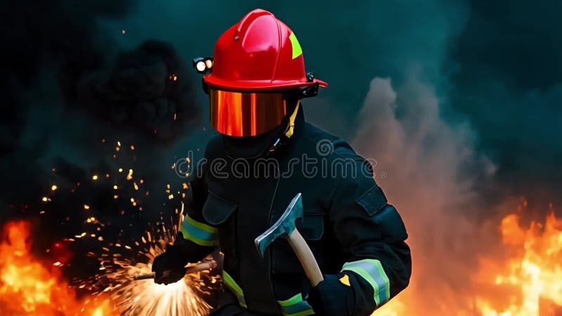 A Heroic Firefighter Standing Amidst Intense Flames, Gripping a ...