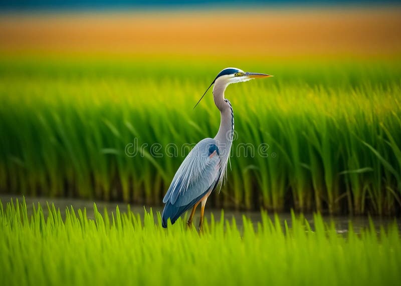 Heron Birds Feeding in Rice Fields. Generative AI Stock Illustration ...