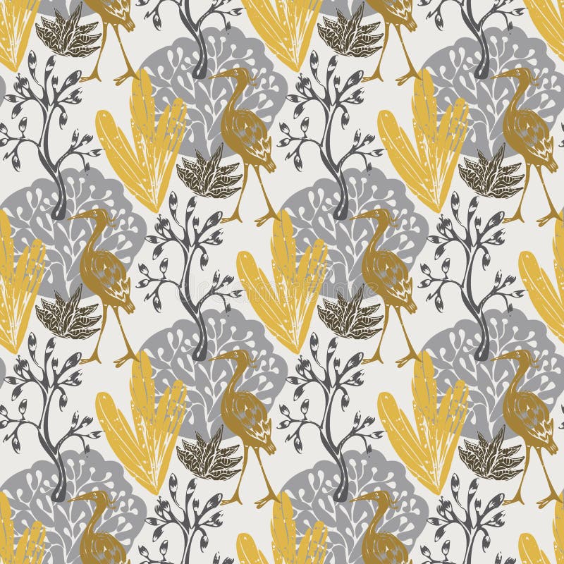Simple Heron Bird Silhouette Seamless Surface Pattern Design on Yellow ...
