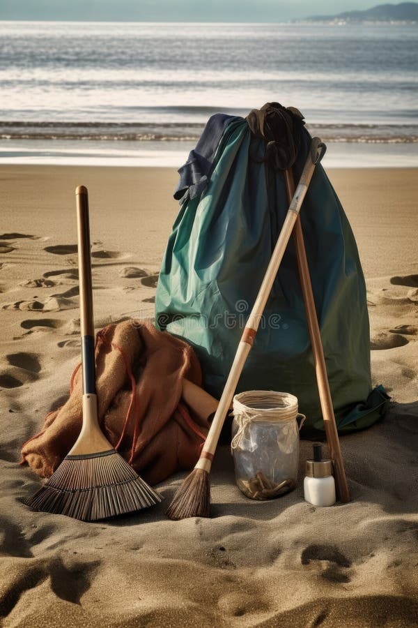 Herramientas De Limpieza De Playas Y Una Bolsa De Basura Llena Stock de ... Herramientas De Limpieza De Playas Y Una Bolsa De Basura Llena Stock de ...