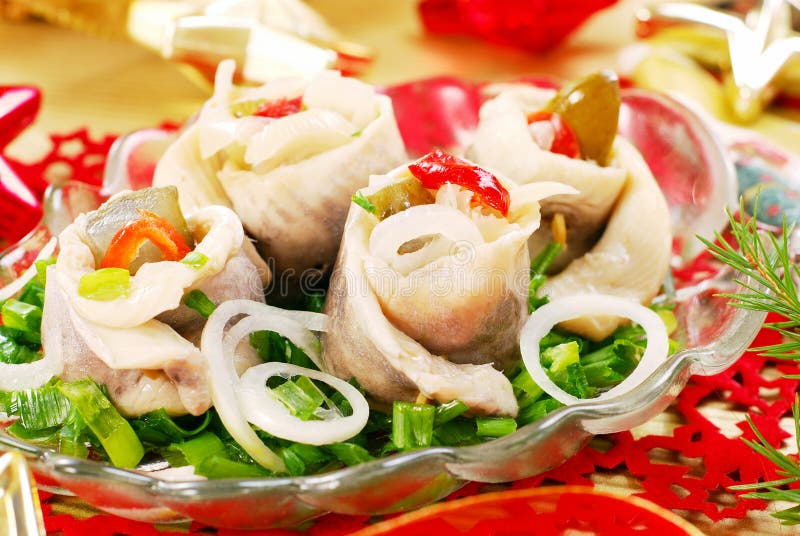 Herring Rolls with Chive and Onion for Christmas Stock Image - Image of ...