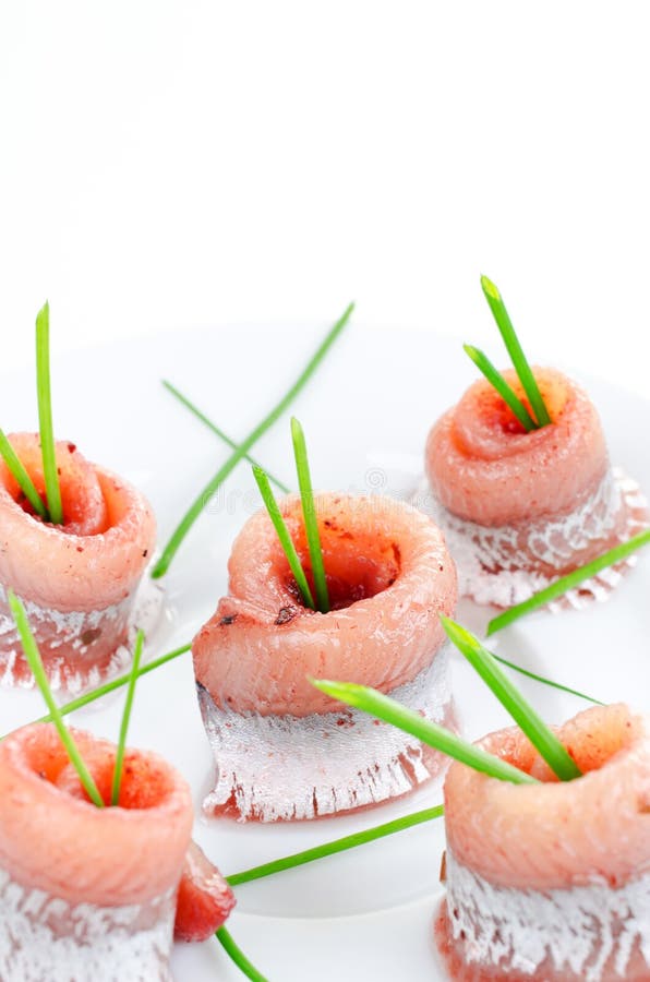 Herring Rolls with Spring Onion Stock Photo - Image of salt, group ...