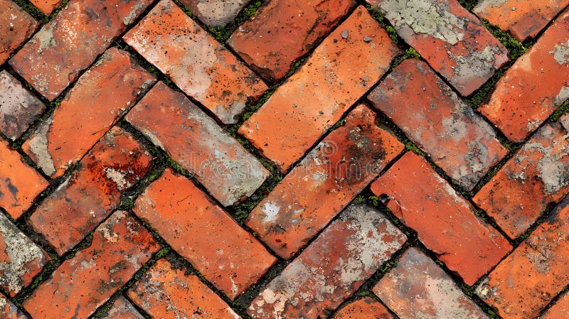 Herringbone Pattern of Weathered Red Bricks with Growing Moss Stock ...