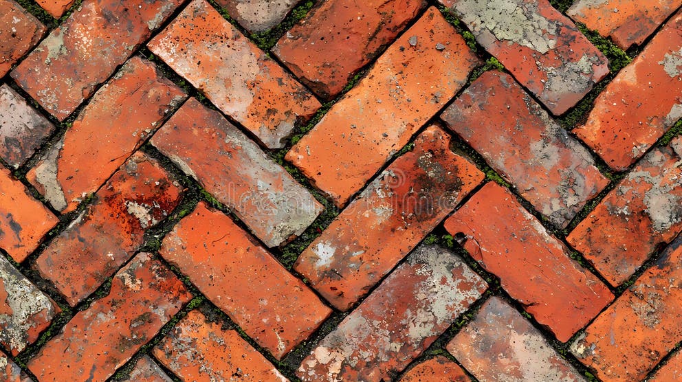 Herringbone Pattern of Weathered Red Bricks with Growing Moss Stock ...