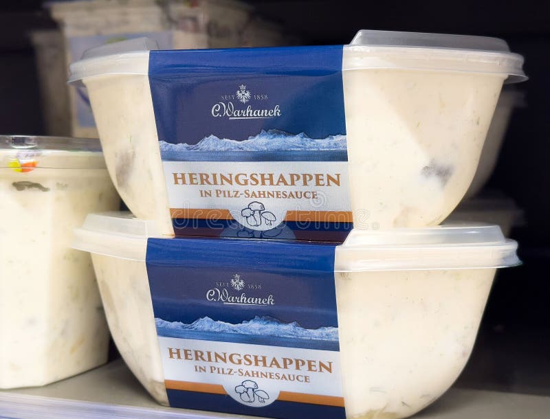 Herrings in Mushroom Sauce Packaging on Display in Supermarket ...