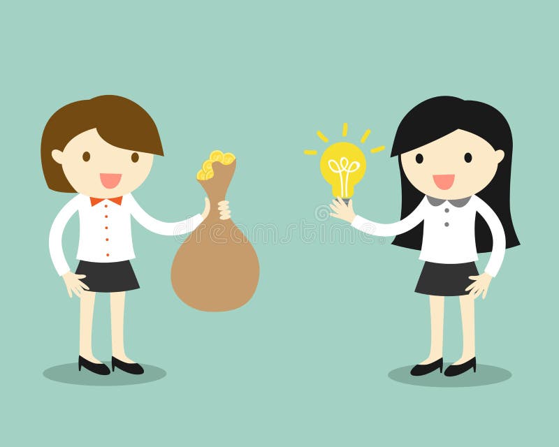 Het Bedrijfsconcept, Twee Bedrijfsvrouwen Geeft Idee En Geld Voor ... Het Bedrijfsconcept, Twee Bedrijfsvrouwen Geeft Idee En Geld Voor ...