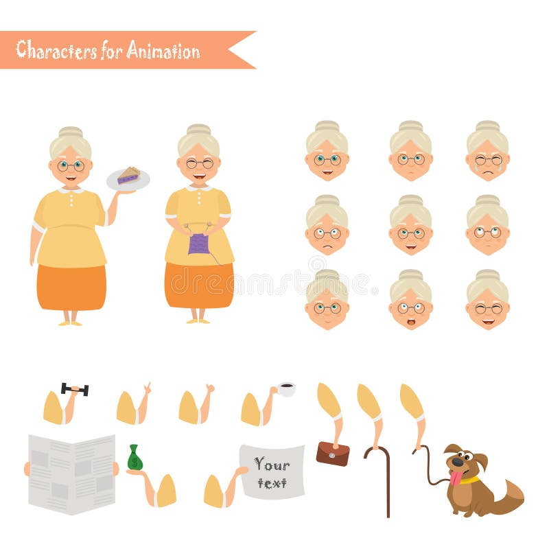 Grootmoeder Voor Animatie Stelt Voorzijde, Achtergedeelte, Kant ...