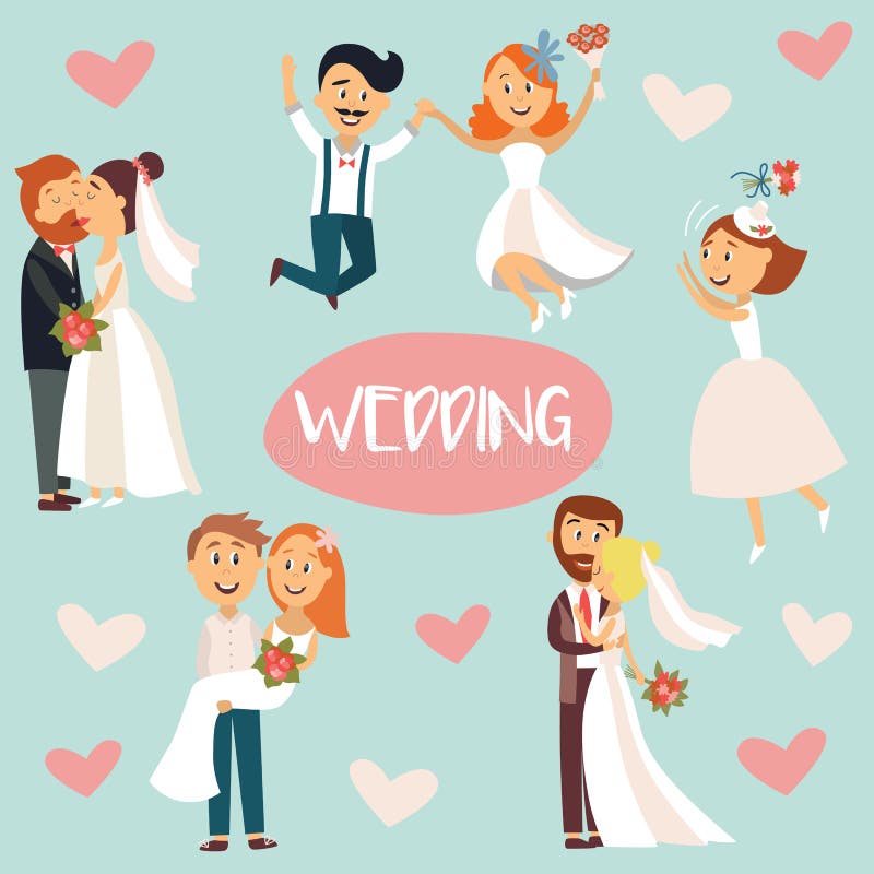 Grappig Cartoon Bruidspaar, Bruid En Bruidegom Vector Illustratie ...