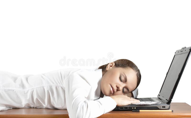 Het Meisje is in Slaap Achter De Computer Gevallen Stock Afbeelding ...