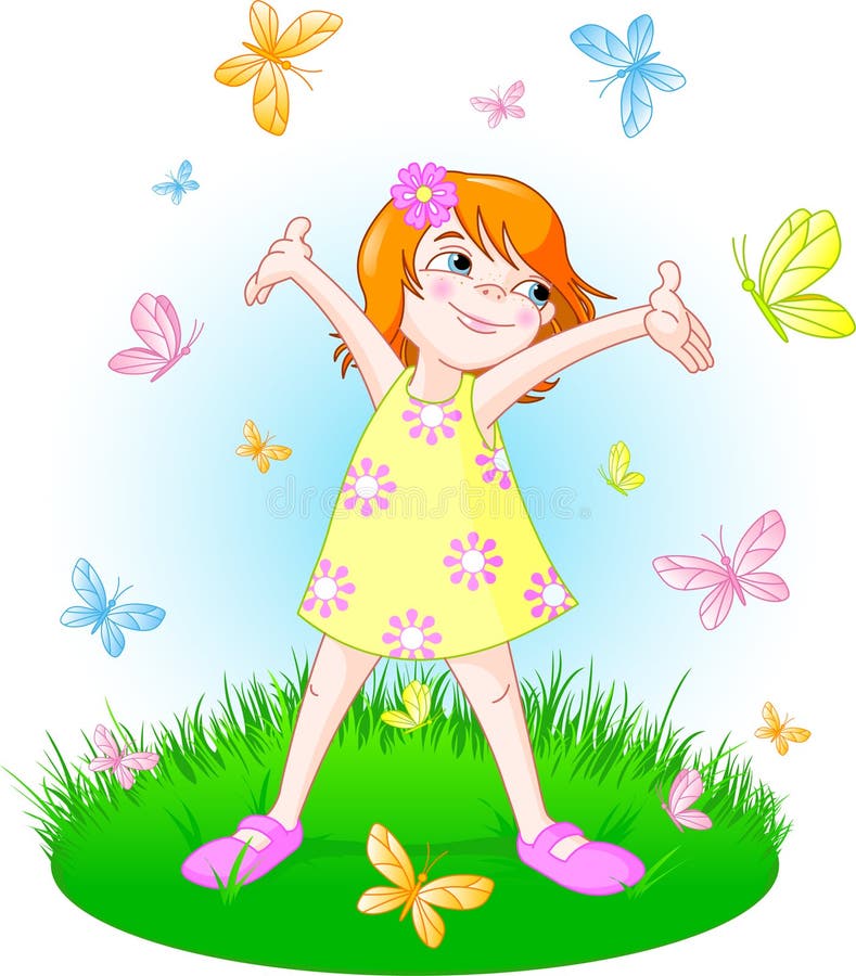 Meisje onder de zomerregen vector illustratie. Illustration of roze ...