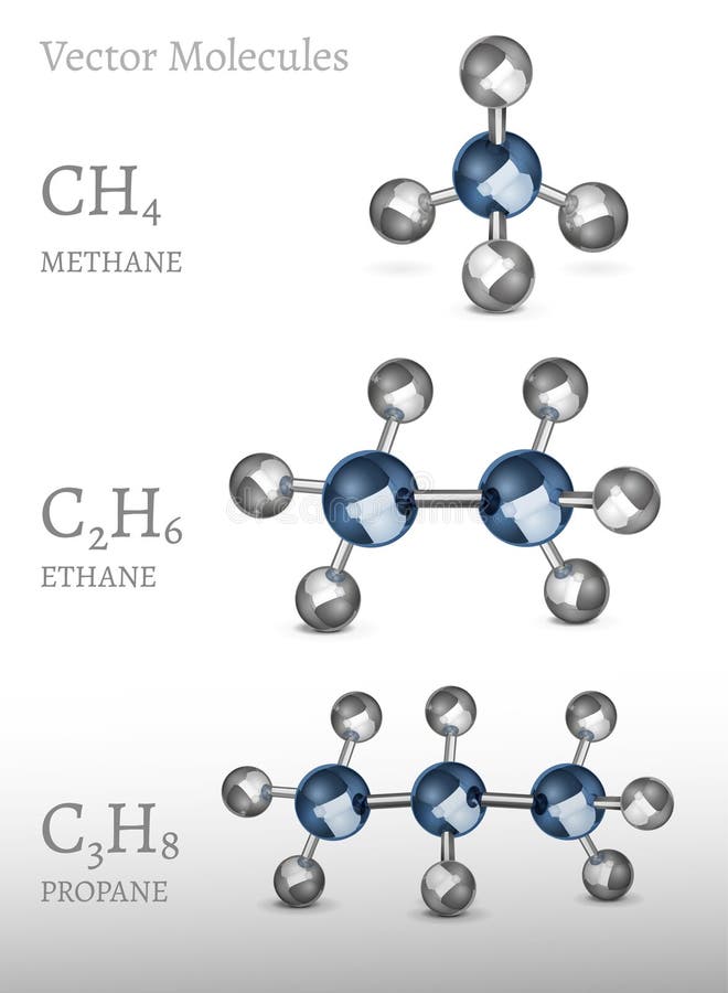 Methaan, Ethaan, Propaan Chemische Formules En Moleculemodellen Vector ...