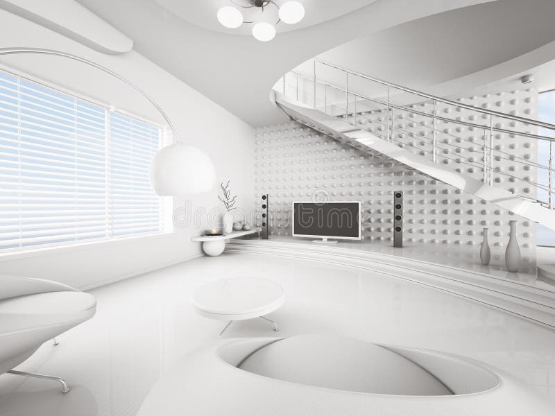 Woonkamer Met Witte Muren En Rode Bank, 3D Interieur Stock Illustratie ...