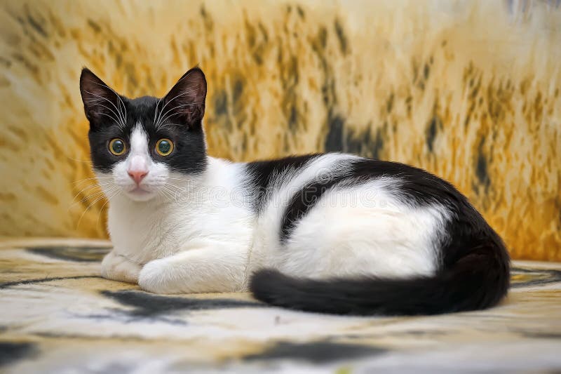Huis Zwart-witte Kat Die Op De Vloer in De Flat Liggen En Blikken Weg ...